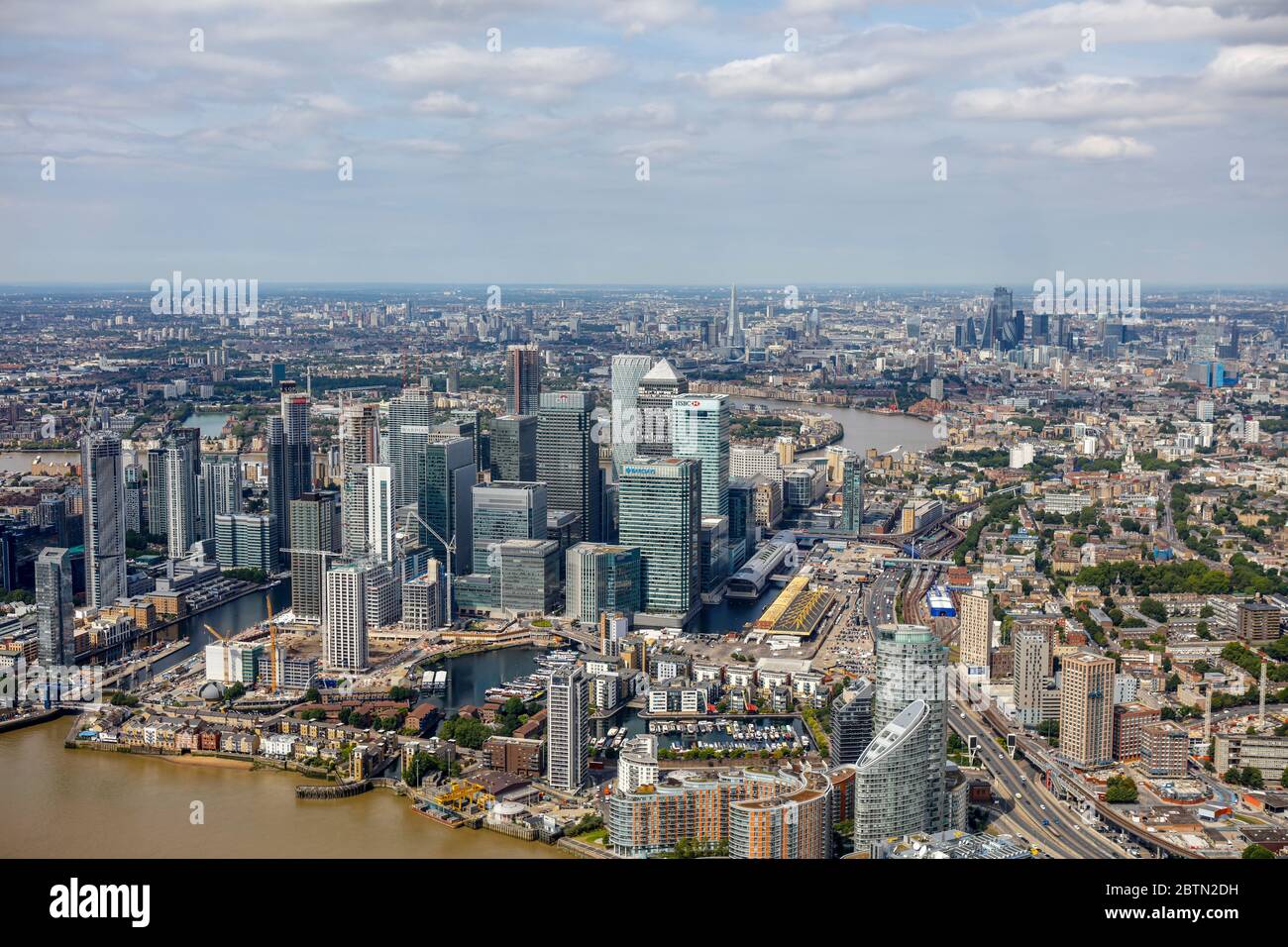 Aerial View of Canary Wharf with the City of London in the background ...