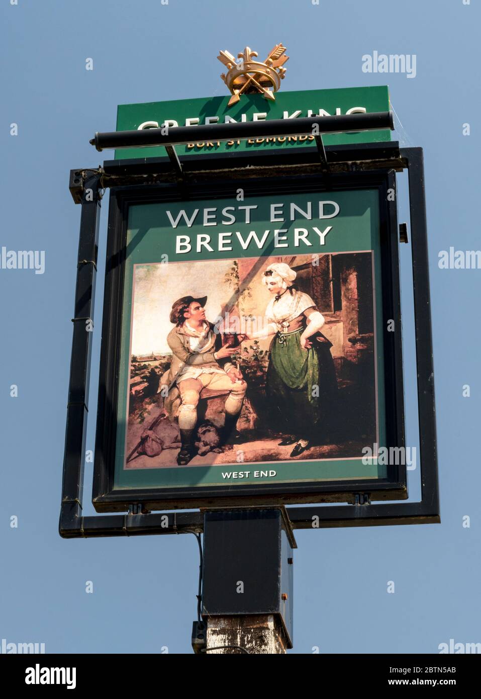 Traditional Hanging pub sign at the West End Brewery Public House, High ...