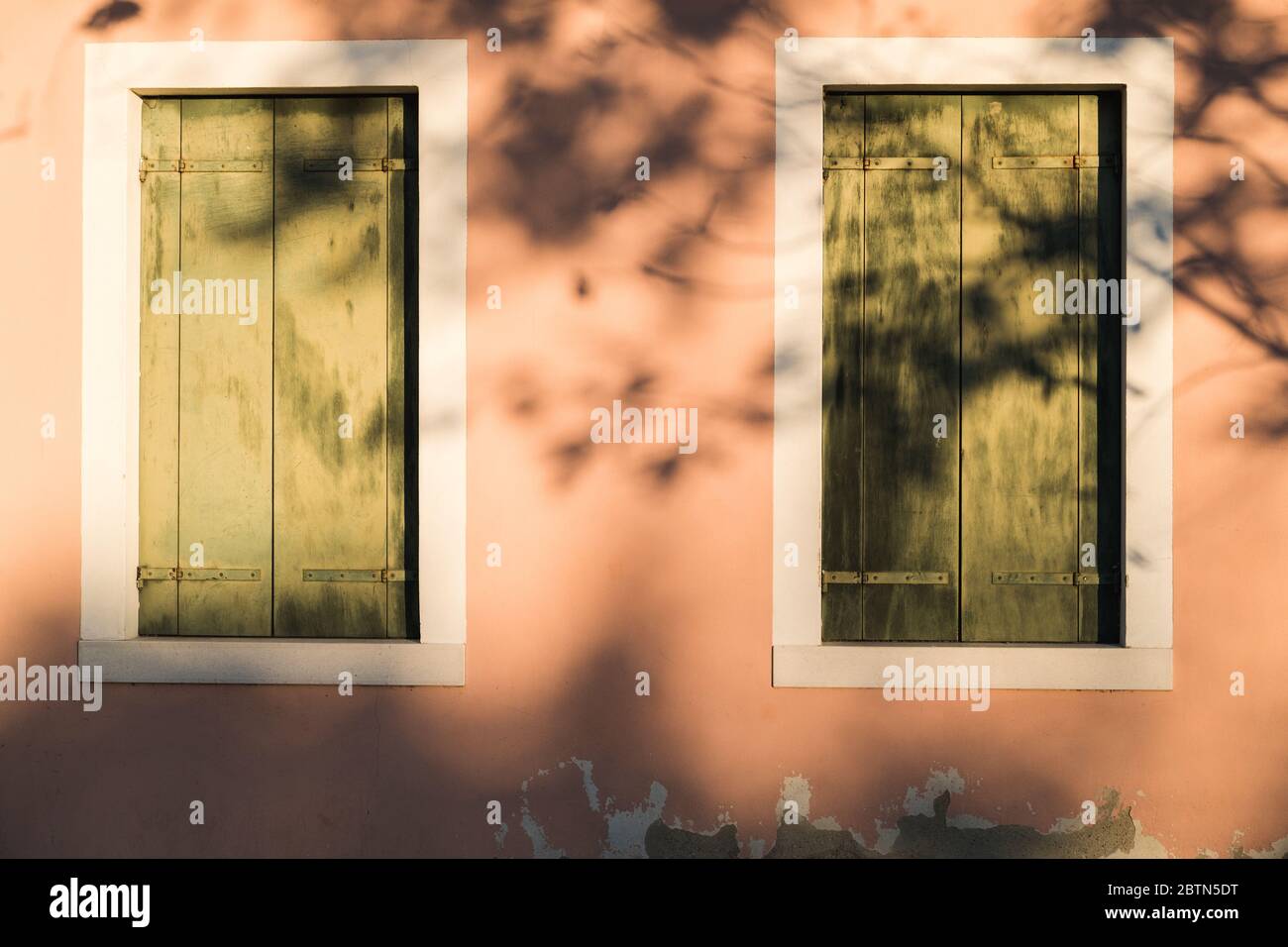 Concrete wall with closed shutters on windows and trees shadows ...