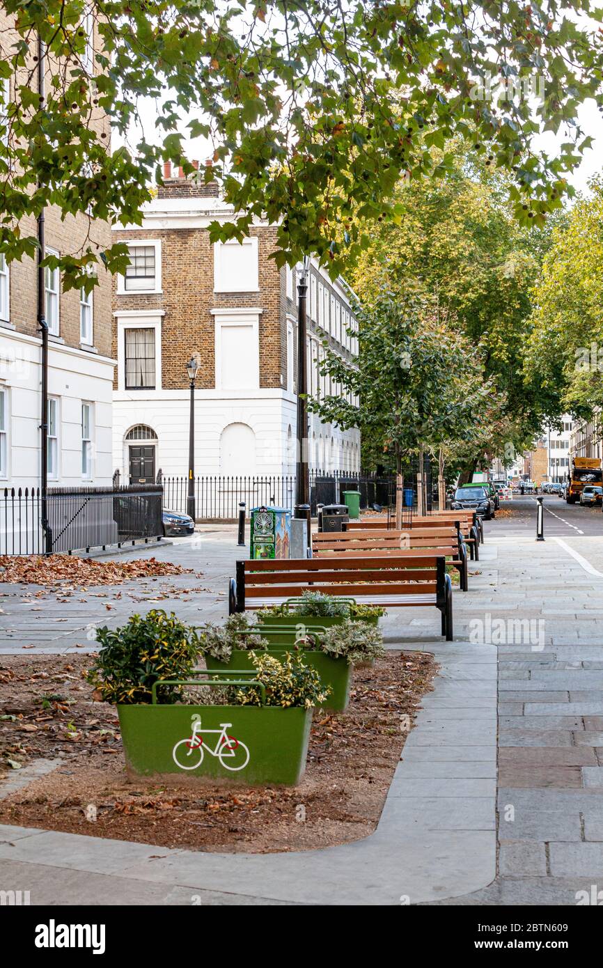 Public benches set up at the junction of Falmouth Road, Trinity Street ...