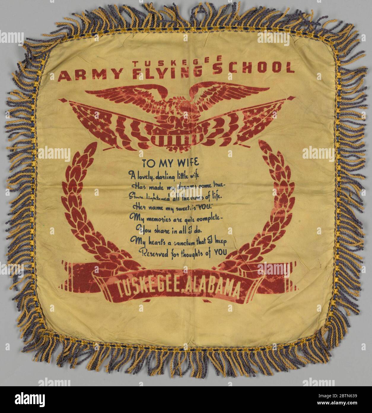 Pillow sham with Tuskegee Flying School poem. A square-shaped silk ...