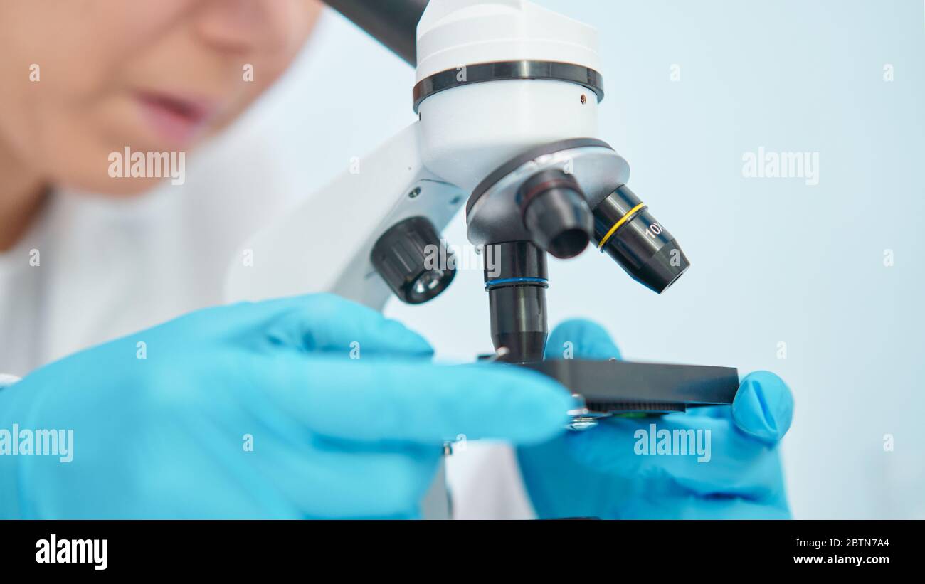 Close-up of female lab technician in blue rubber gloves looking through ...