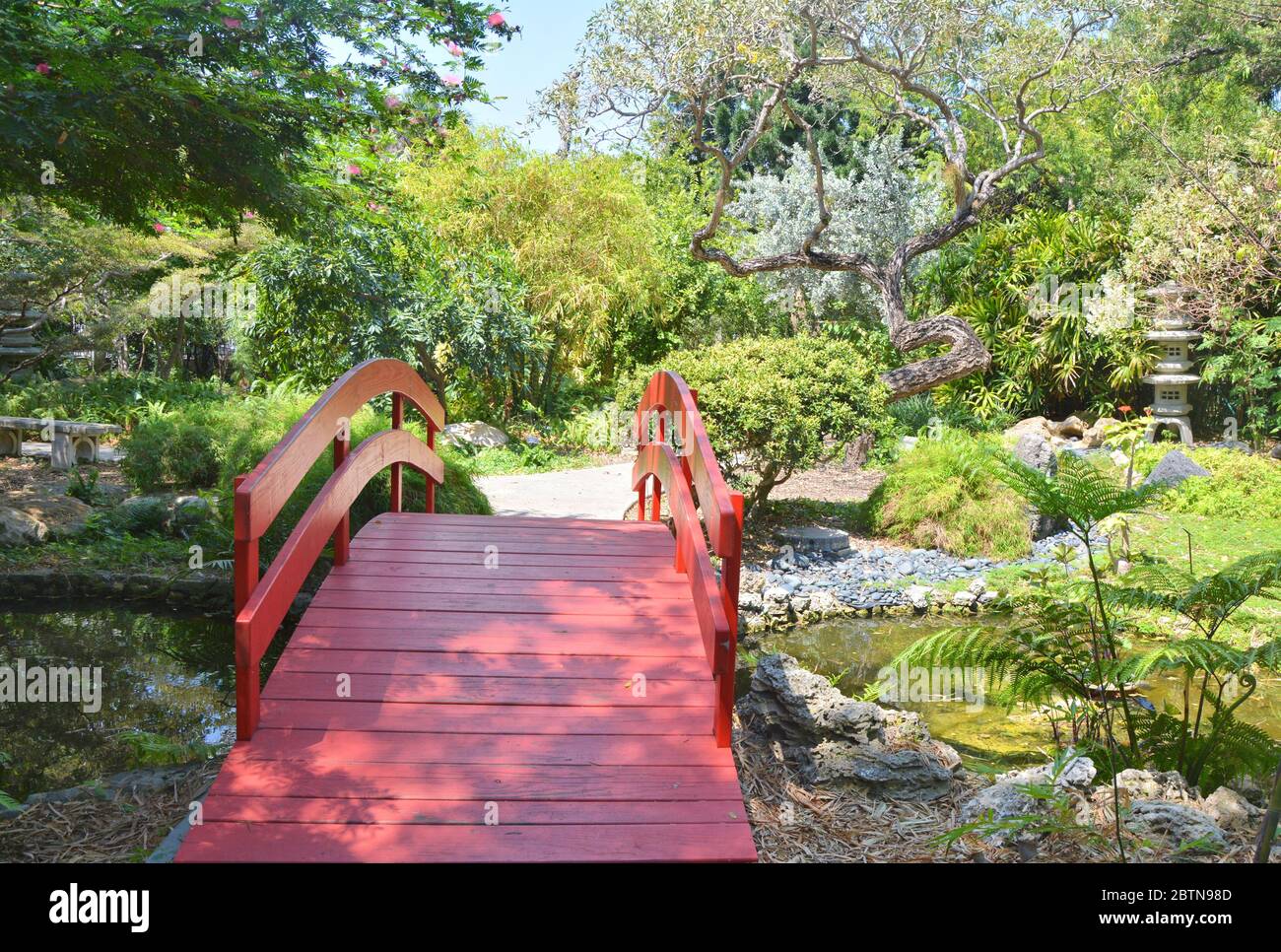 Red bridge over pond in Japanese garden Stock Photo - Alamy
