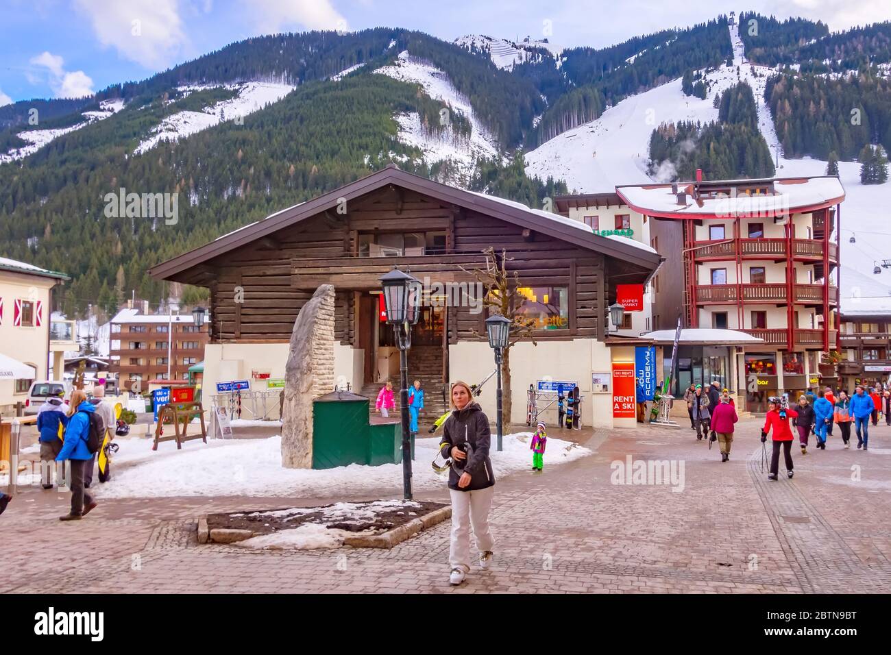 Saalbach, Austria - March 1, 2020: Town village street view in downtown ...