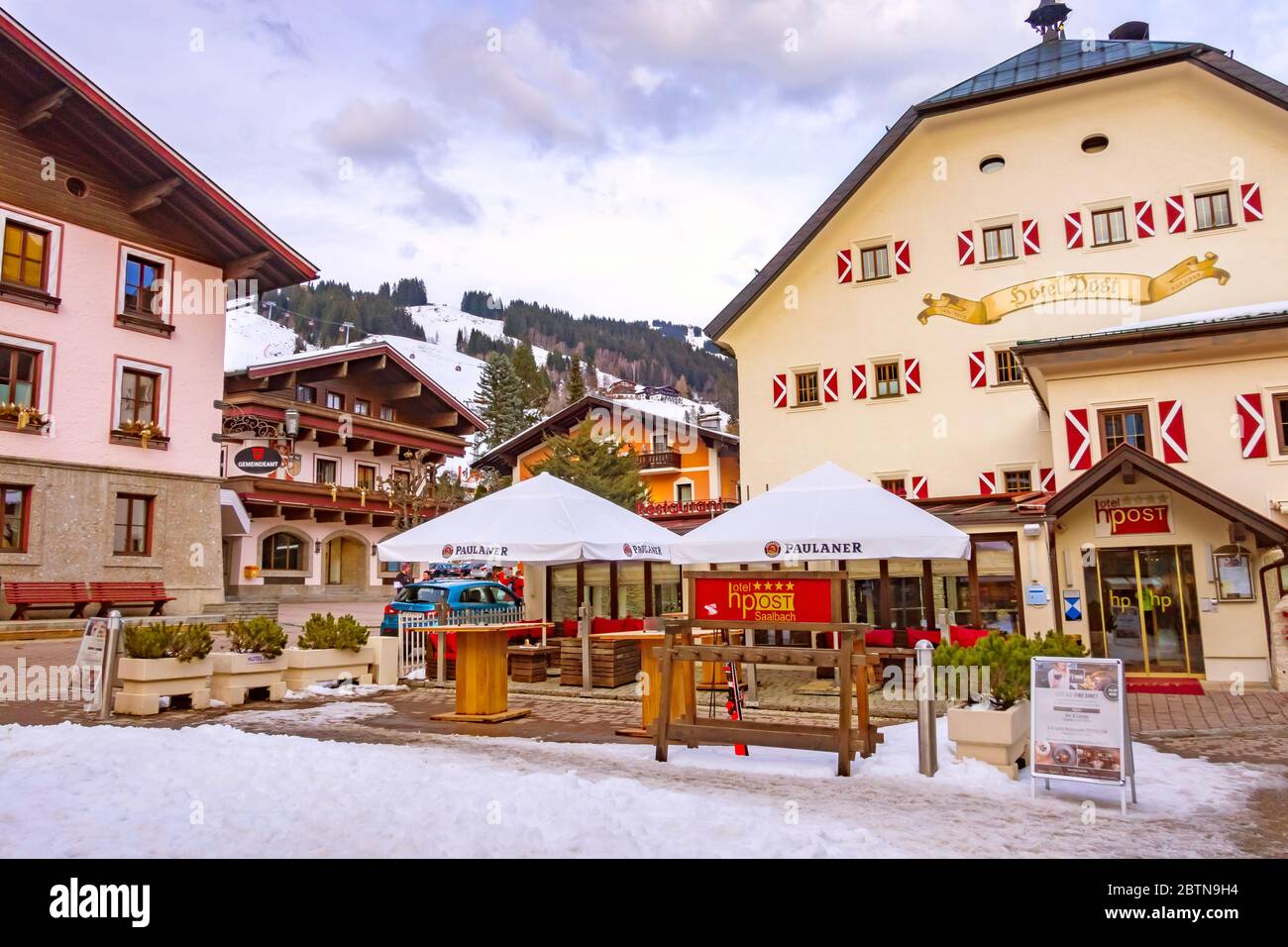 Saalbach, Austria - March 1, 2020: Town village street view in downtown ...