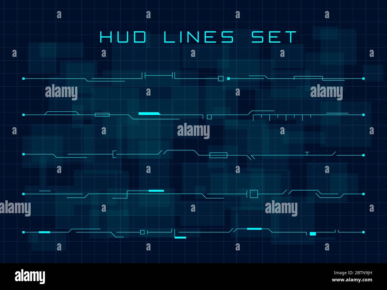 Set of blue HUD futuristic header and footer elements on dark hi tech ...