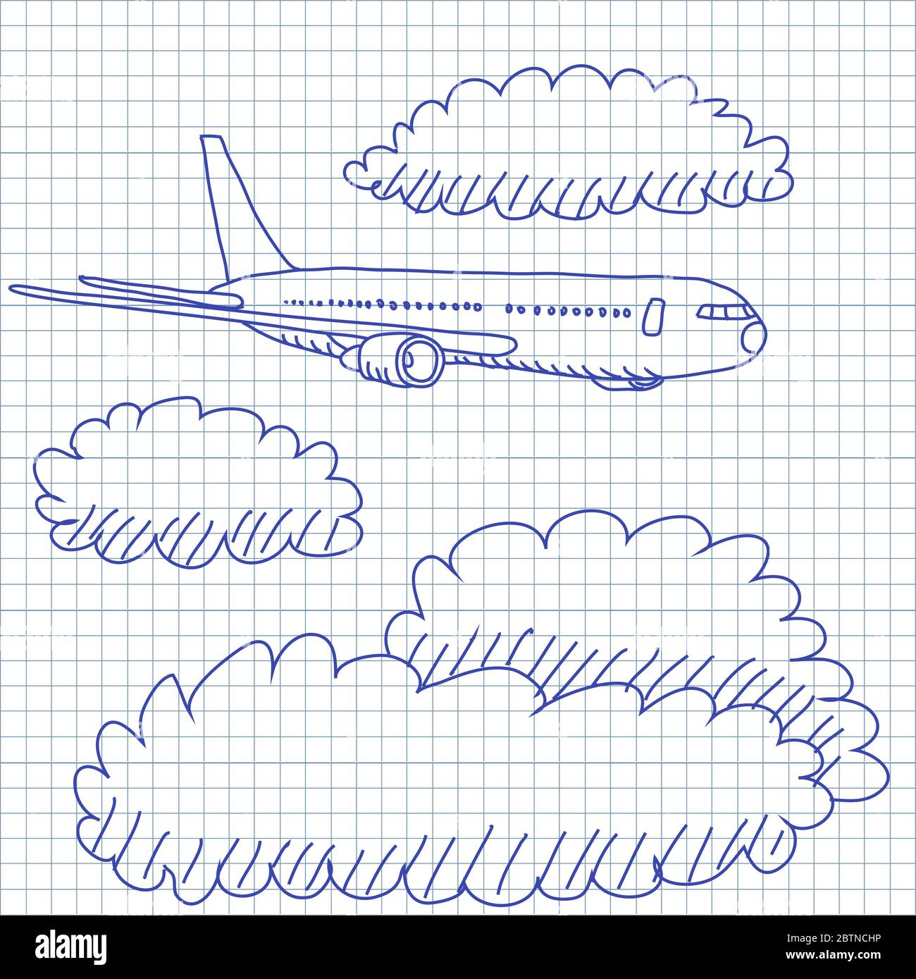 Doodle Hand-drawn vector drawing of an Airplane in the clouds. Concept ...