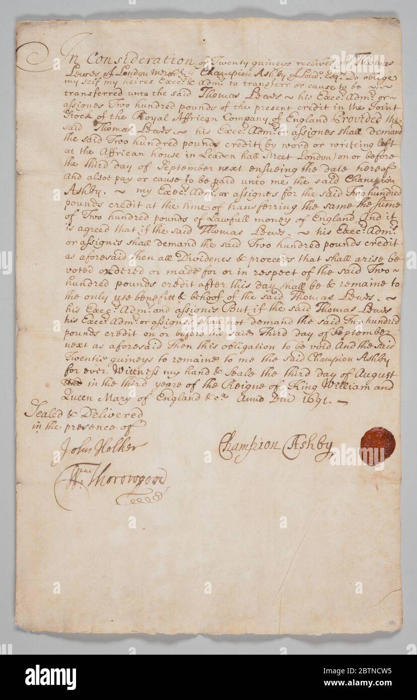 Stock share certificate for the Royal African Company. The Royal Africa ...