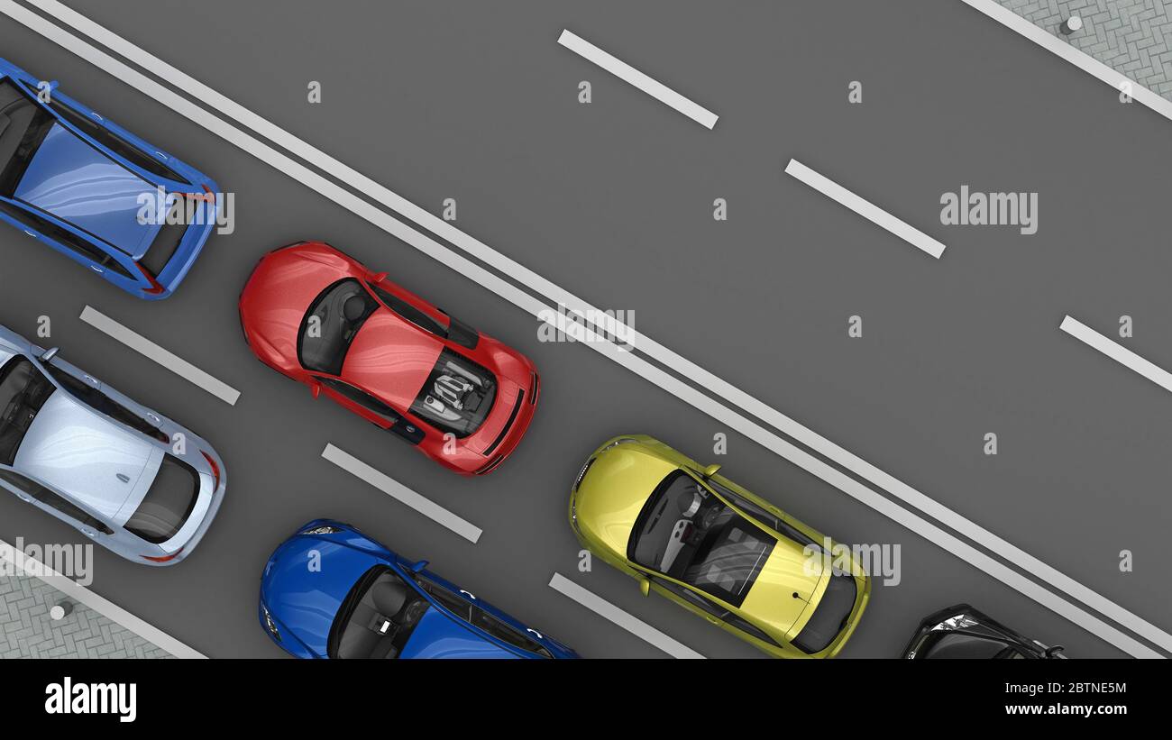 road with traffic cars and free lane top view. 3d rendering Stock Photo ...