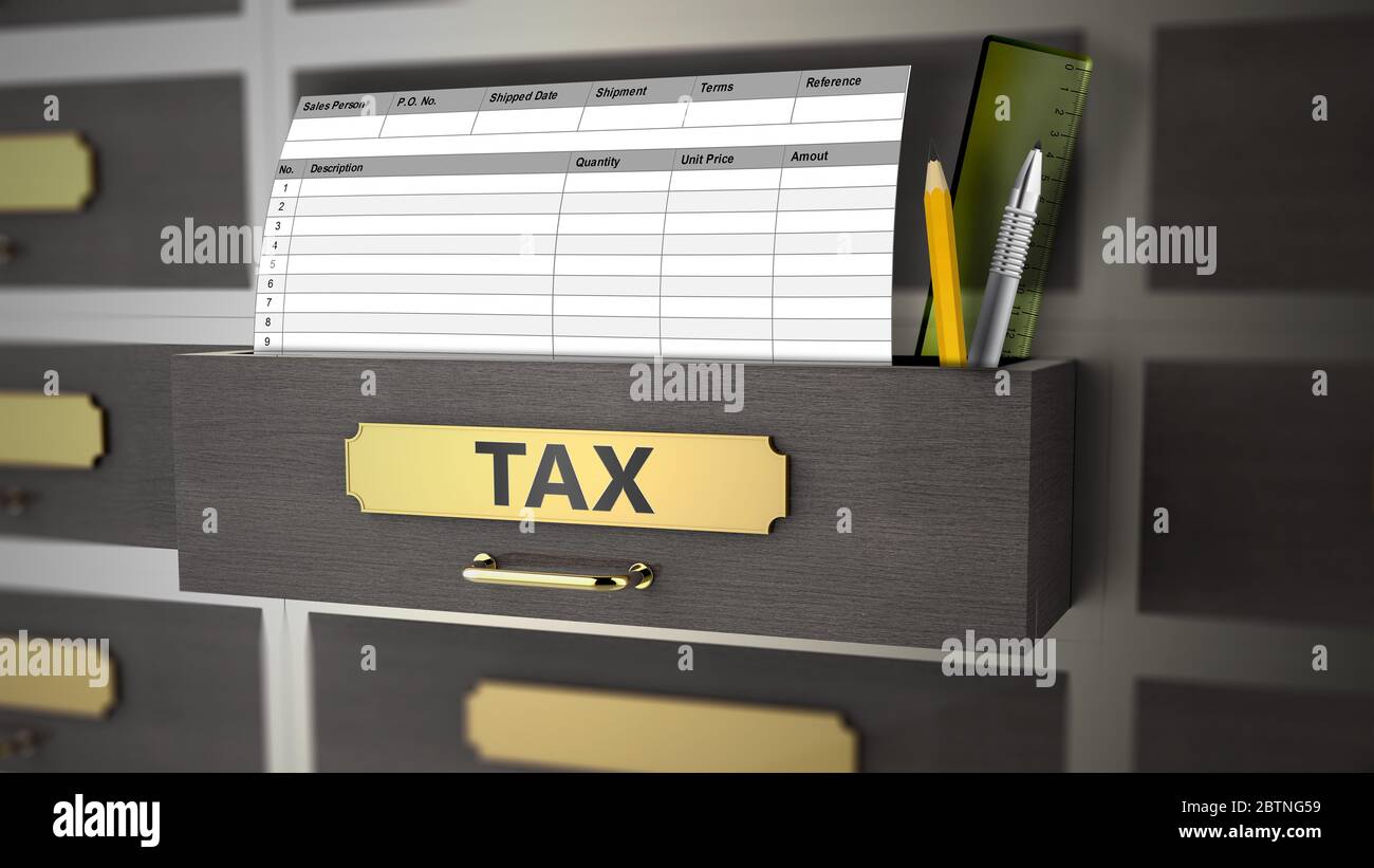 Office drawers with text on the subject of taxes Stock Photo - Alamy