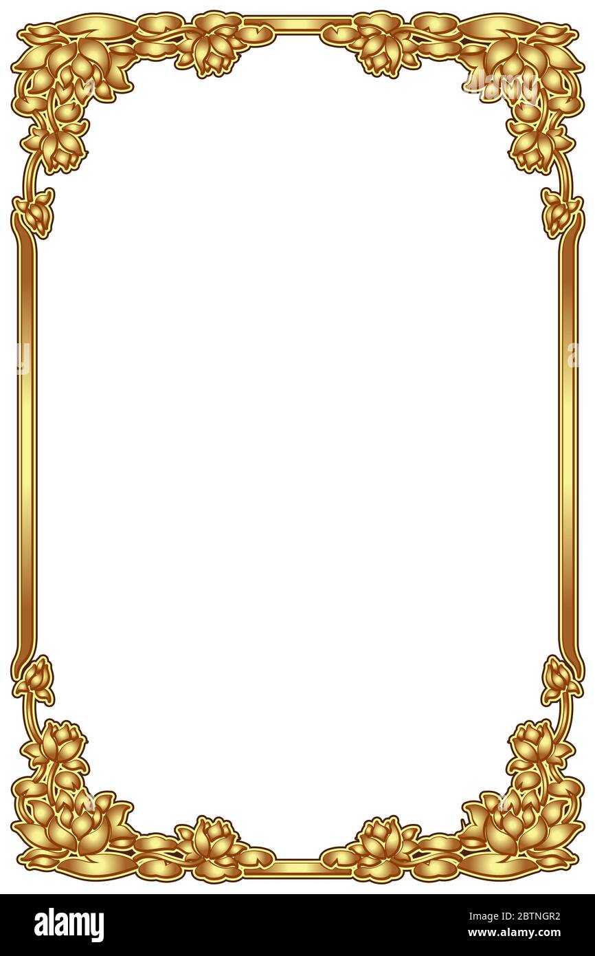 Vertical vector golden floral lotus design. Vintage frame on a white ...
