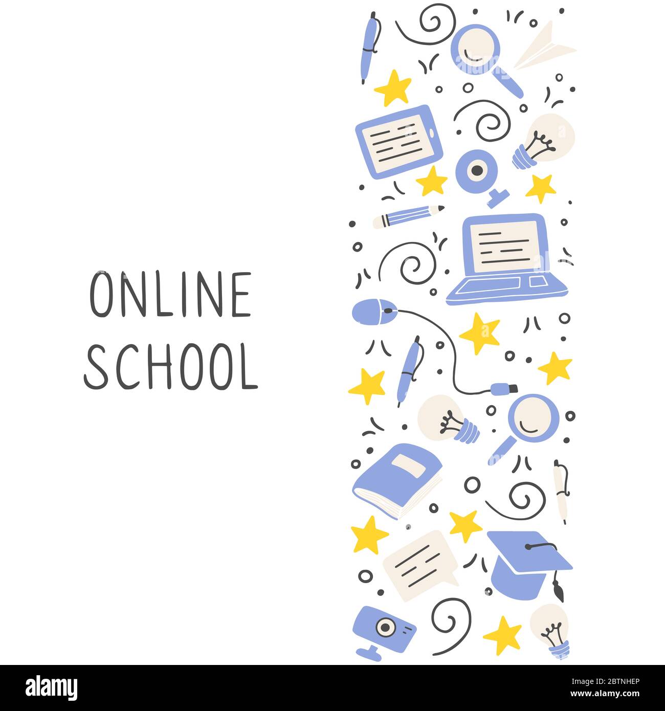 Hand drawn set of online education elements, laptop, pencil, book ...