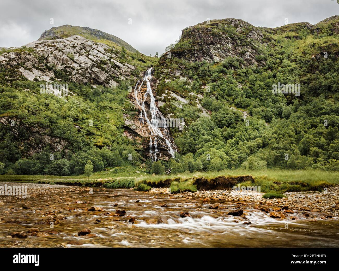 Steall Falls waterfall and Water of Nevis in Glen Nevis, Scotland Stock ...