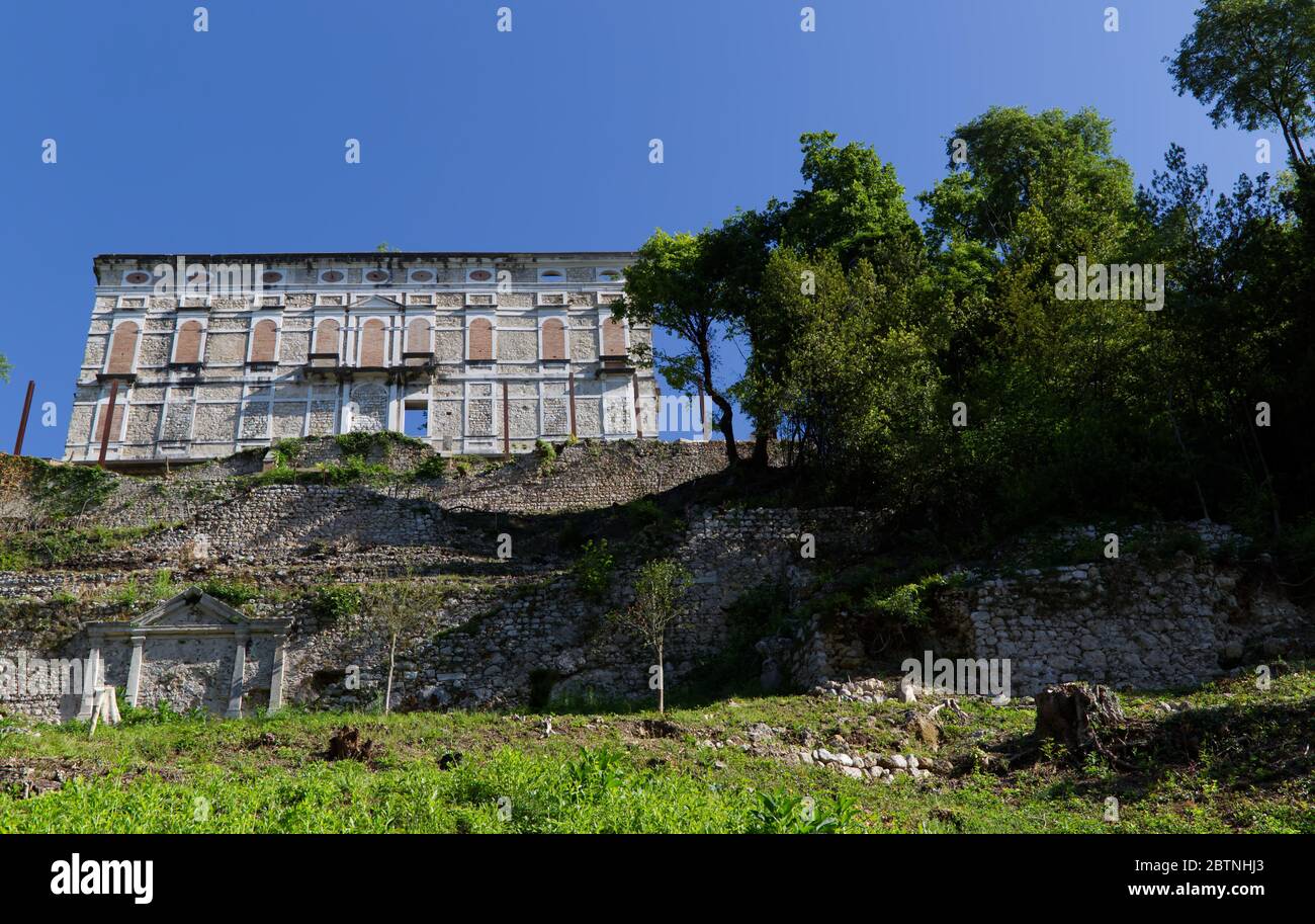 Italy, Polcenigo Castle dominates the ancient town from above Stock ...