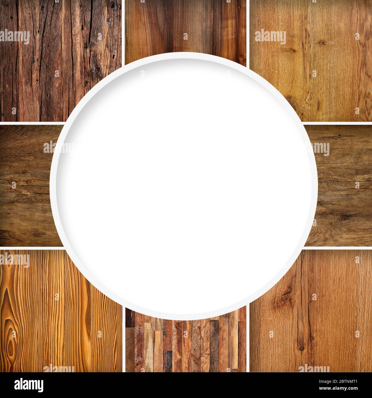 A square collage of wooden textures with a white round copy space in ...