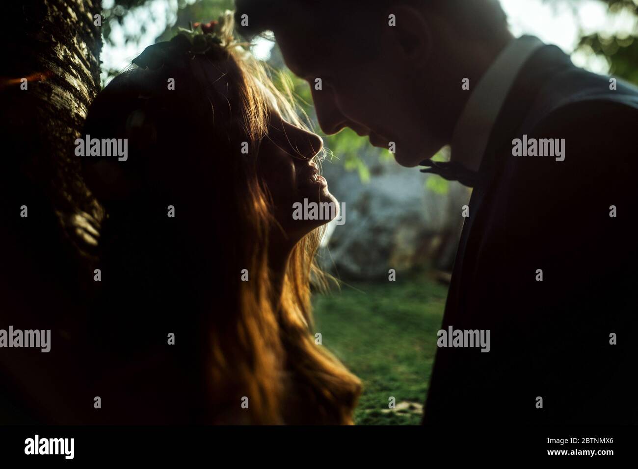 amazing sensual boho bride and stylish elegant groom looking gently ...