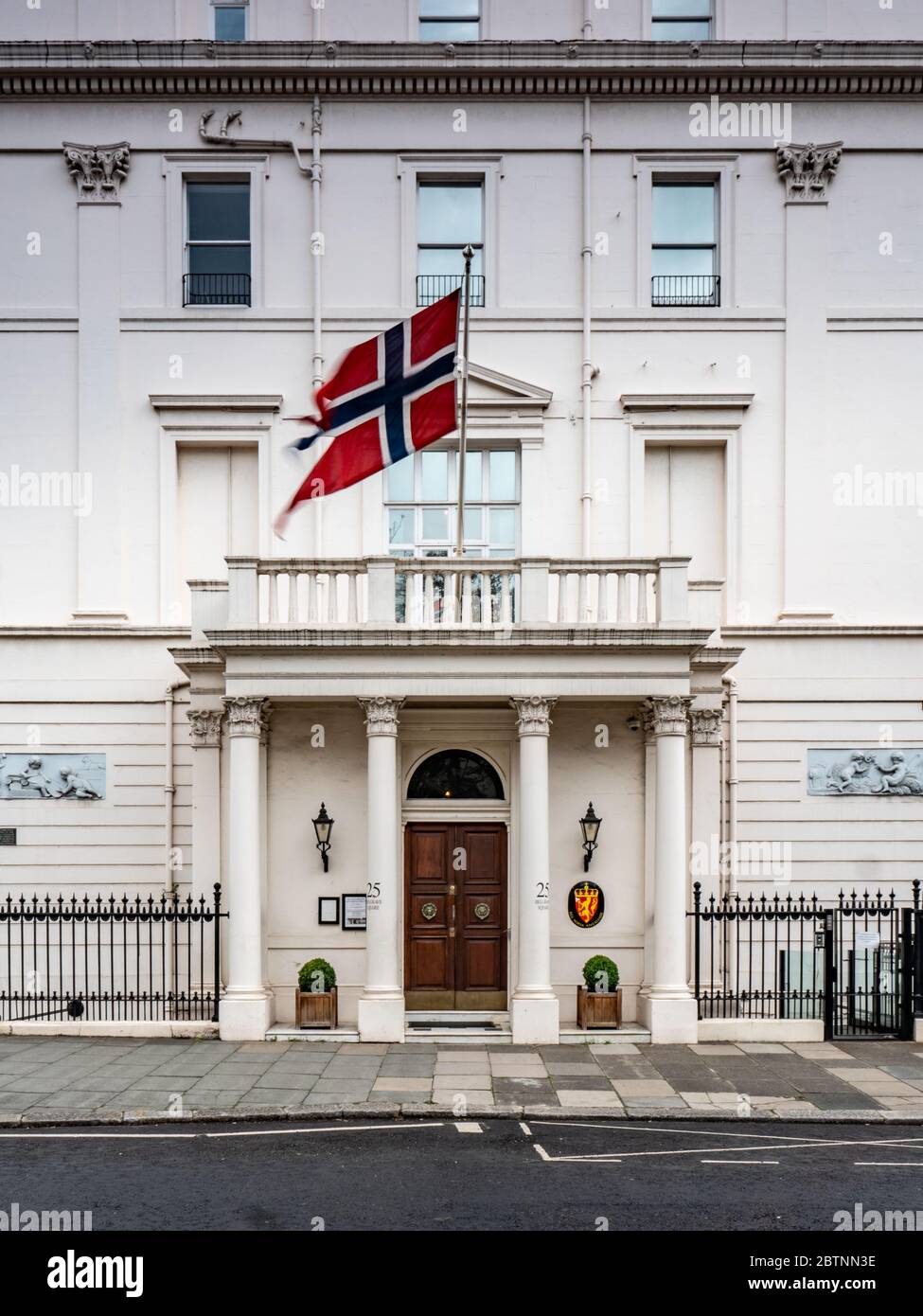 Embassy of Norway, London, UK. The national flag flying over the ...