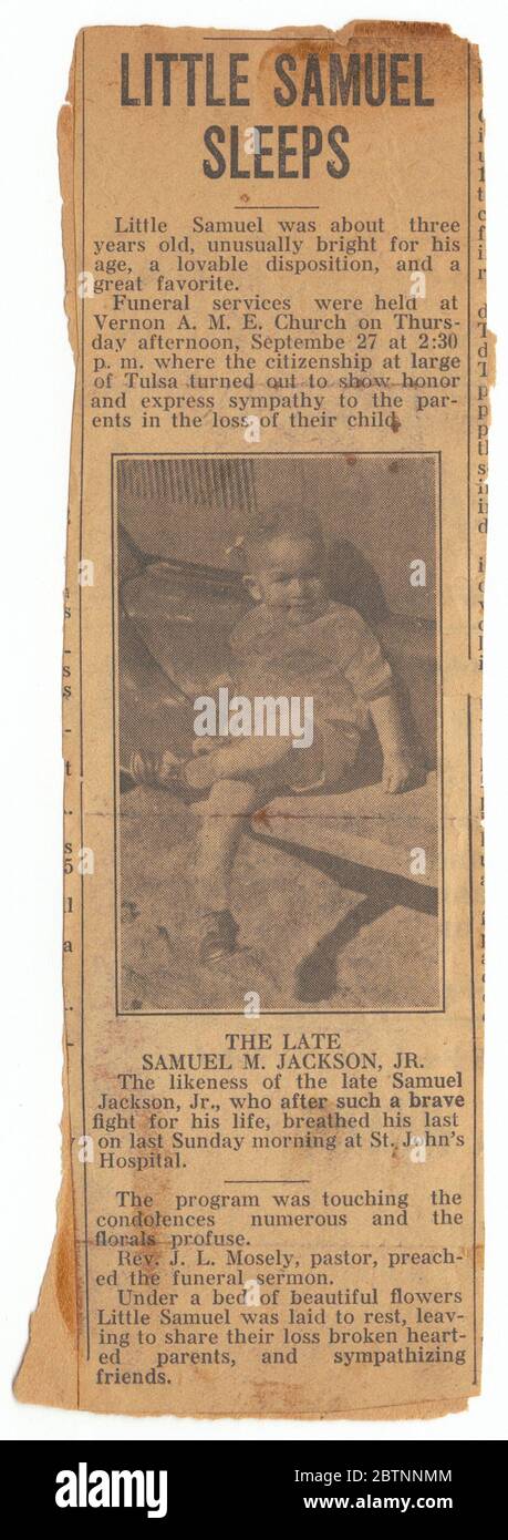 Little Samuel Sleeps. A newspaper clipping of the obituary from the ...