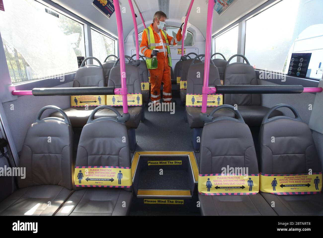 Cleaner James York from First Bus cleans a bus at their Larbert depot ...