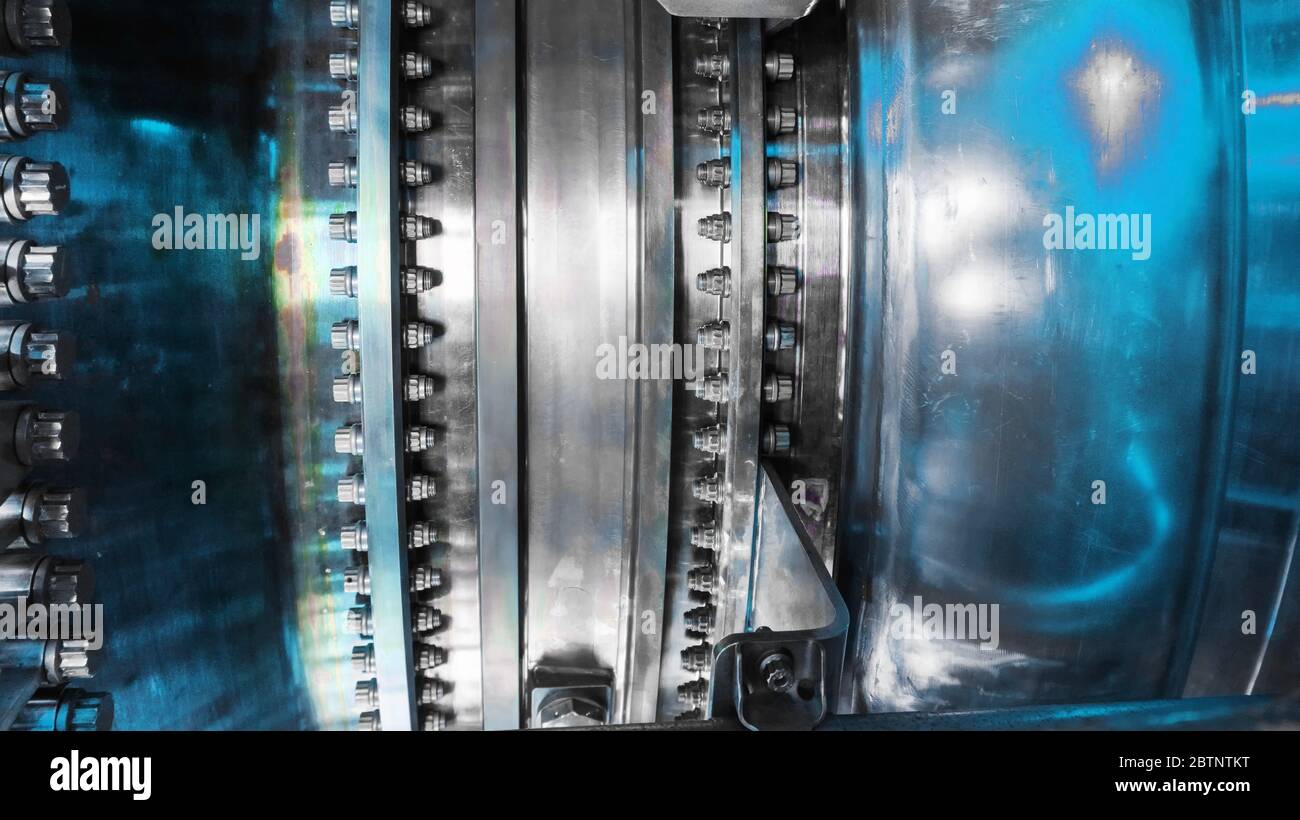 A detailed view of the gas turbine engine for generating electricity ...