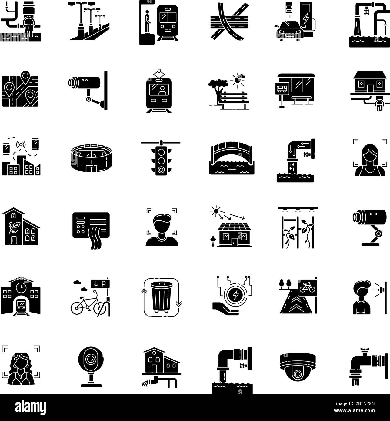 City infrastructure black glyph icons set on white space Stock Vector ...