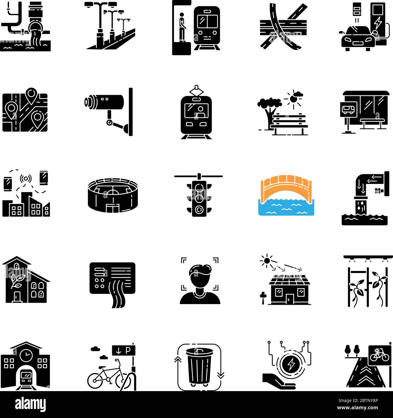 Urban infrastructure black glyph icons set on white space Stock Vector ...