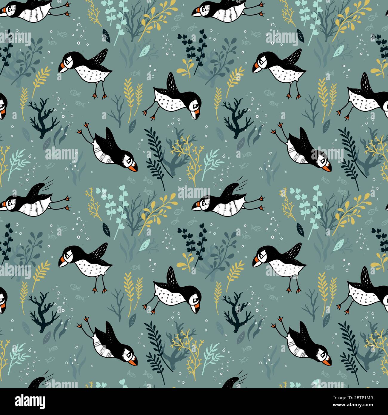 Cute hand drawn puffin seamless pattern, lovely doodle birds background ...