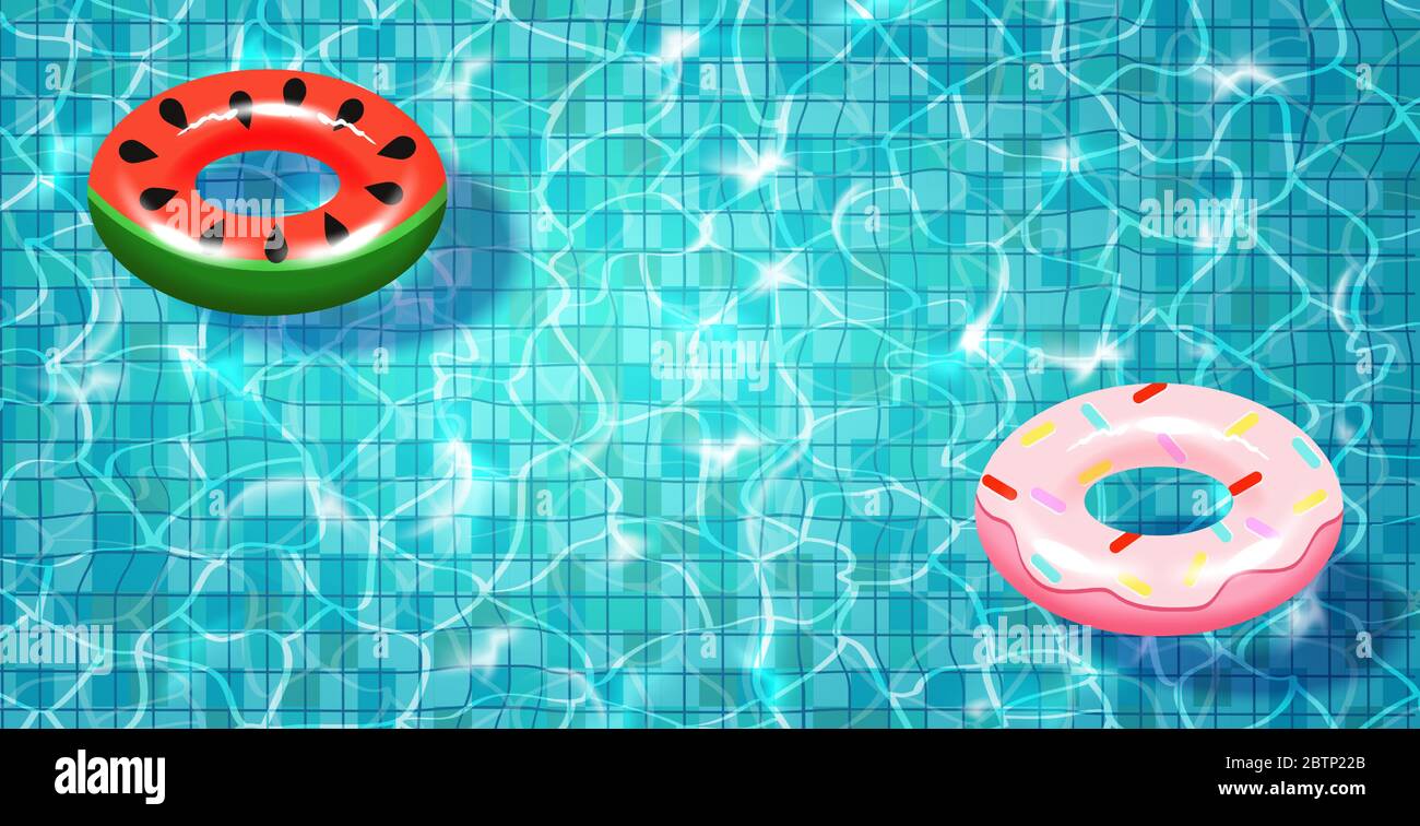 Swimming pool with floating realistic swimming ring,blue water, ripples ...