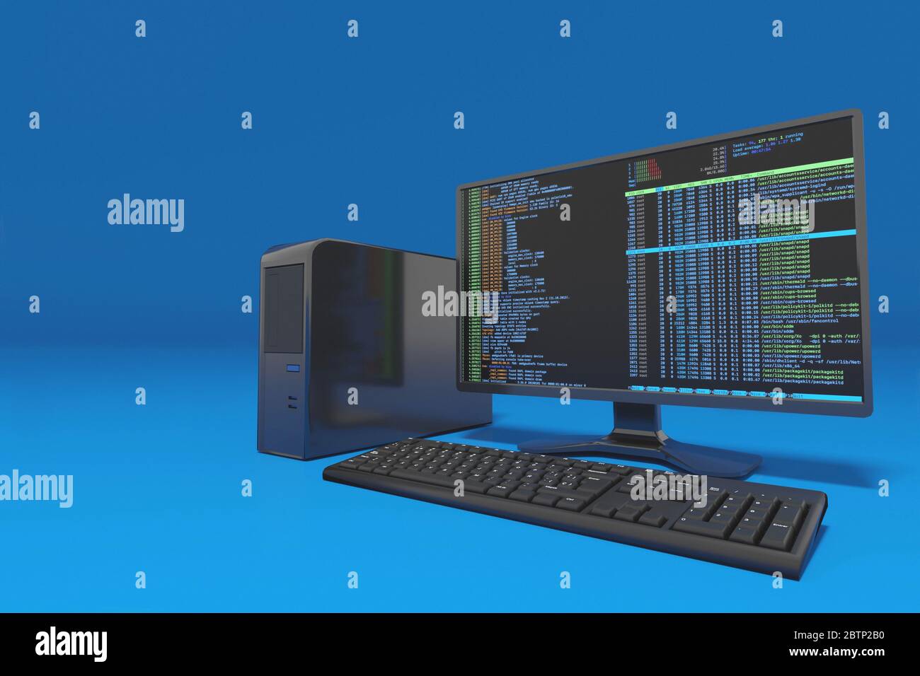 Workstation, desktop computer on blue background. Digital 3D render ...