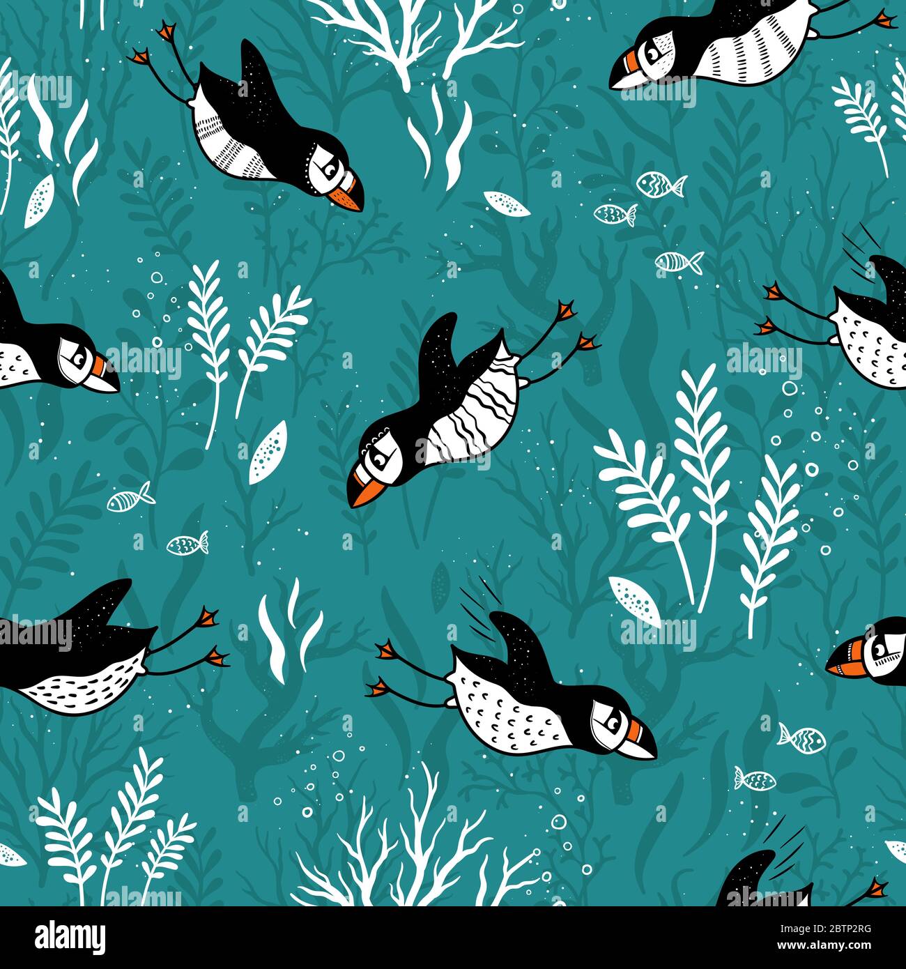 Cute hand drawn puffin seamless pattern, lovely doodle birds background ...