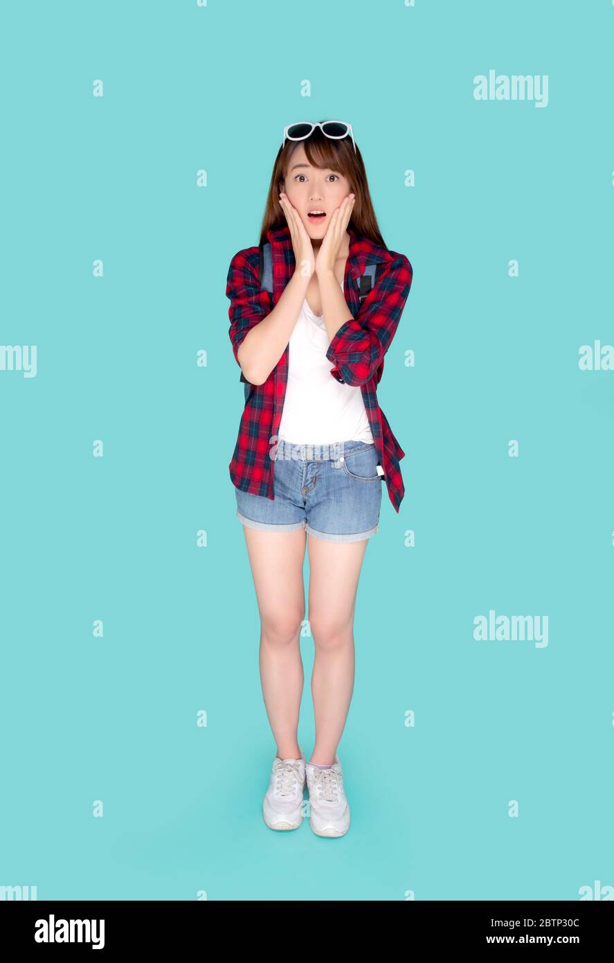 Beautiful portrait young asian woman surprise wearing travel summer ...