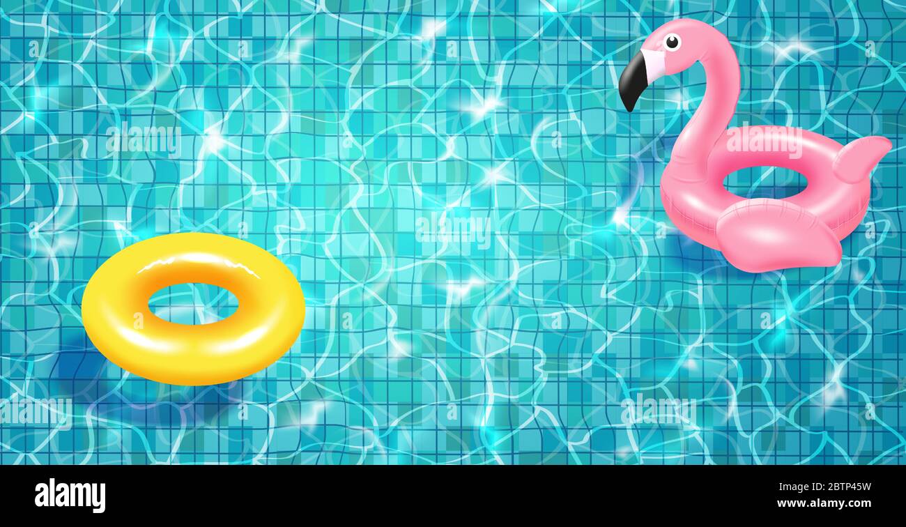 Swimming pool with floating realistic swimming ring,blue water, ripples ...