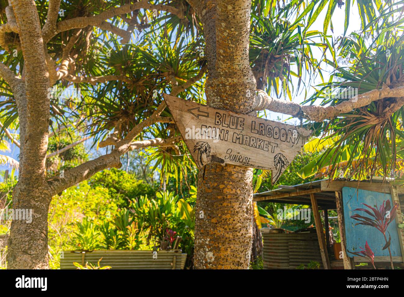 Wooden signpost in a tropical forest. Blue Lagoon, nanuya lailai island ...