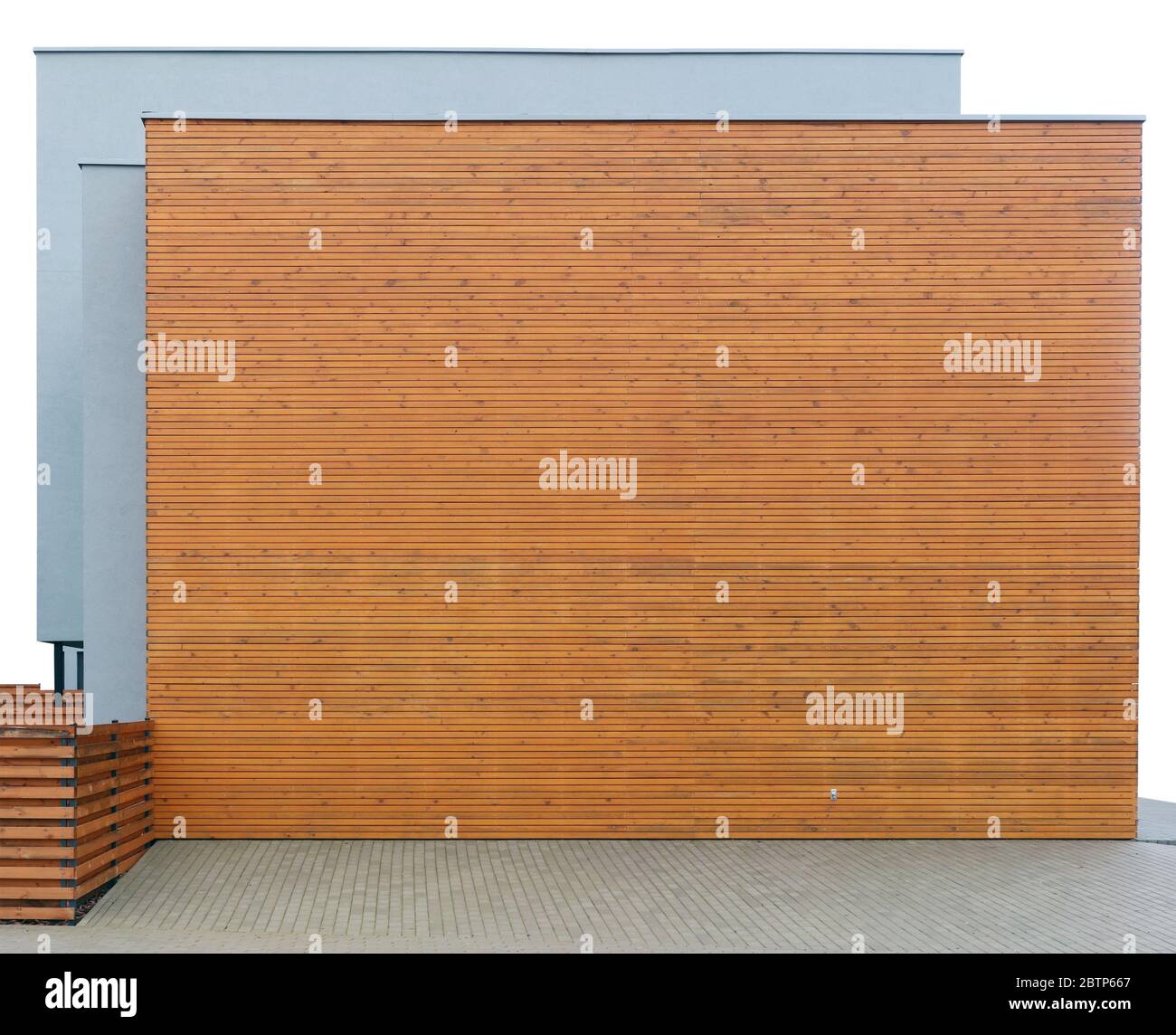 Modern new building wall made from horizontal wooden planks and gray ...
