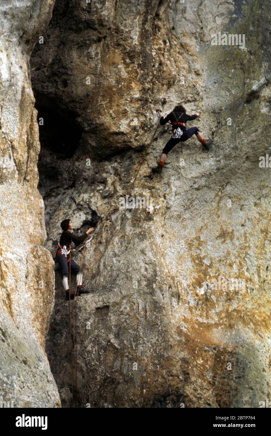 Rock climbers scaling a rock face in France pictured in 1973 Stock ...