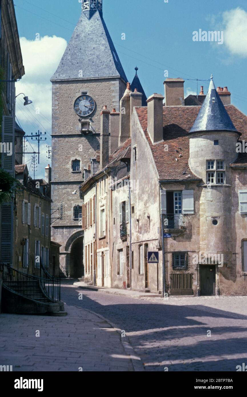 The clock tower and Saint-Lazare square in Avallon, France pictured in ...