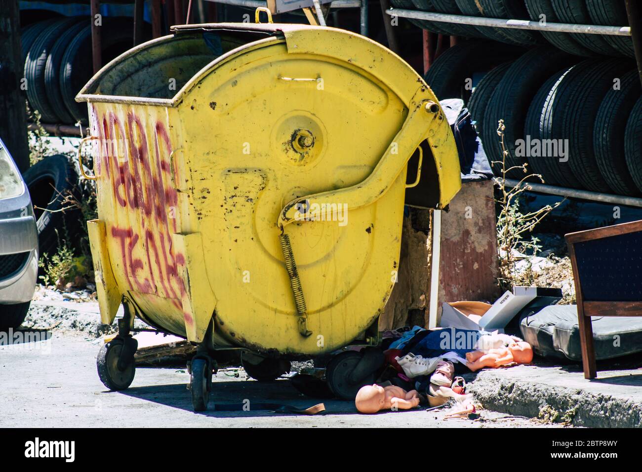 Limassol Cyprus May 26, 2020 Closeup of a garbage container in the ...