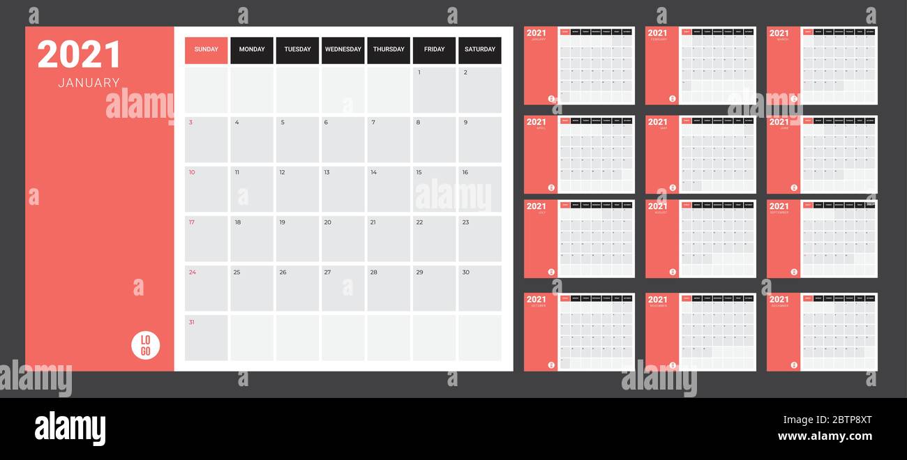 2021 Calendar - illustration. Template. Mock up Stock Vector Image ...