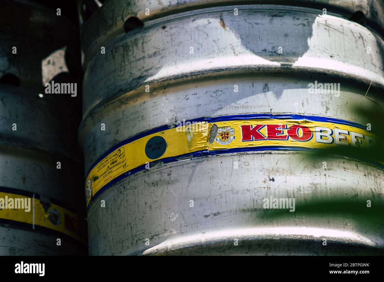 Limassol Cyprus May 26, 2020 View of boxes of Keo beer at the brewery ...