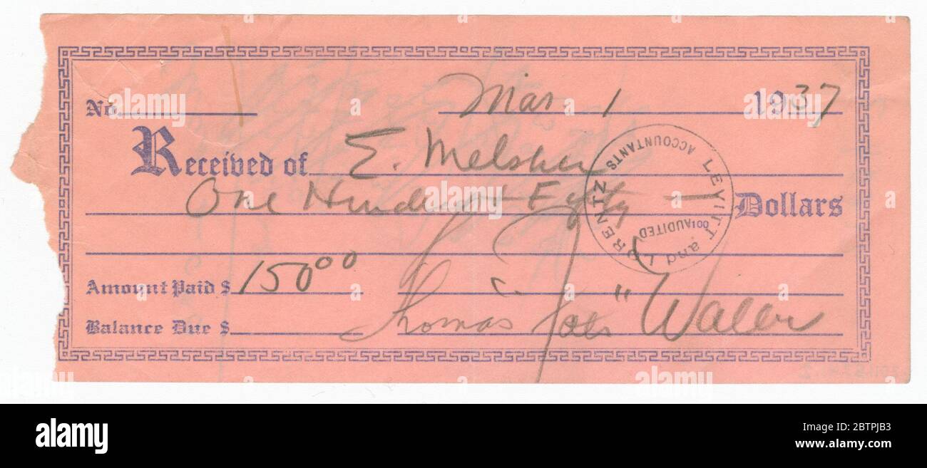 Receipt signed by Fats Waller. A receipt dated March 1, 1937 for $150. ...
