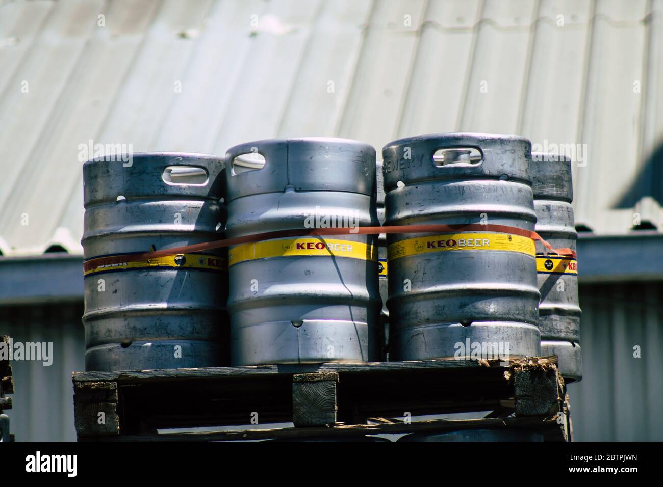 Limassol Cyprus May 26, 2020 View of boxes of Keo beer at the brewery ...
