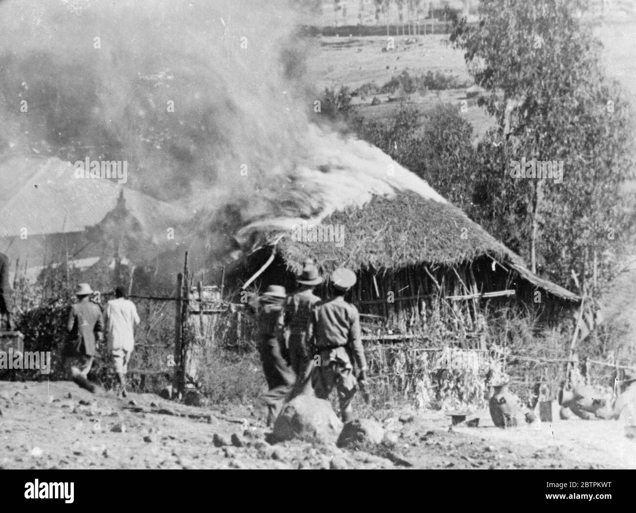 Bombing of Dessye . Part of the American Hospital blazing after being ...