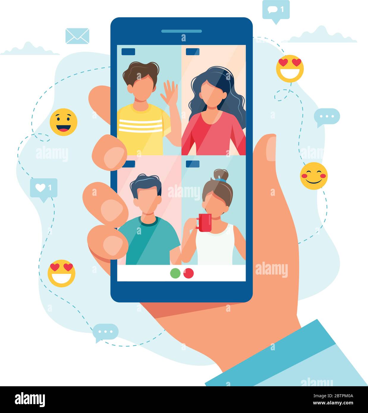 Group call with friends, video conference. Hand holding smartphone ...