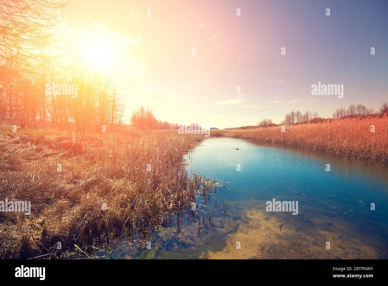 Magical sunset in the countryside. Rural landscape in spring. Narrow ...
