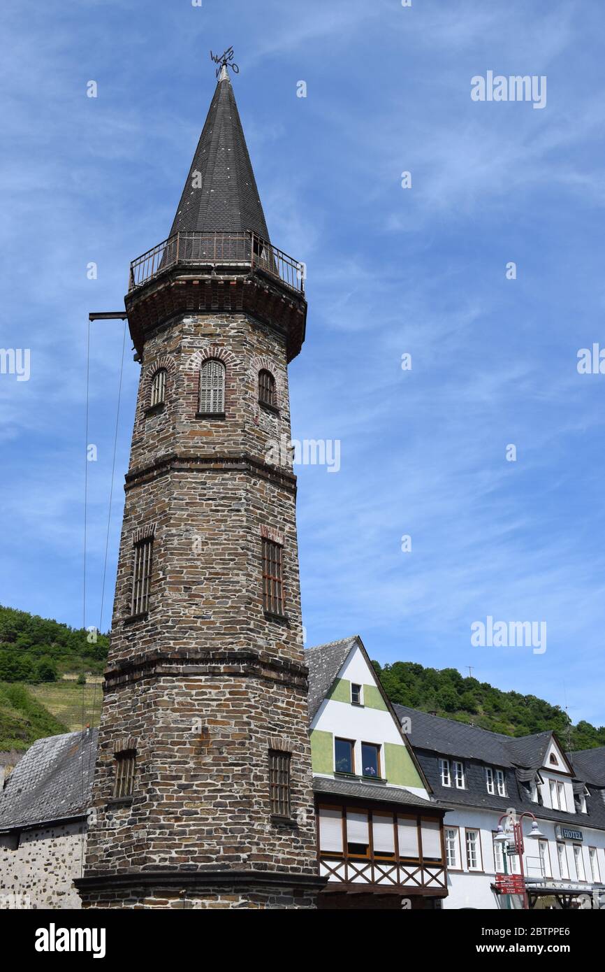 medieval ferry tower in Hatzenport, Mosel valley in Germany Stock Photo ...