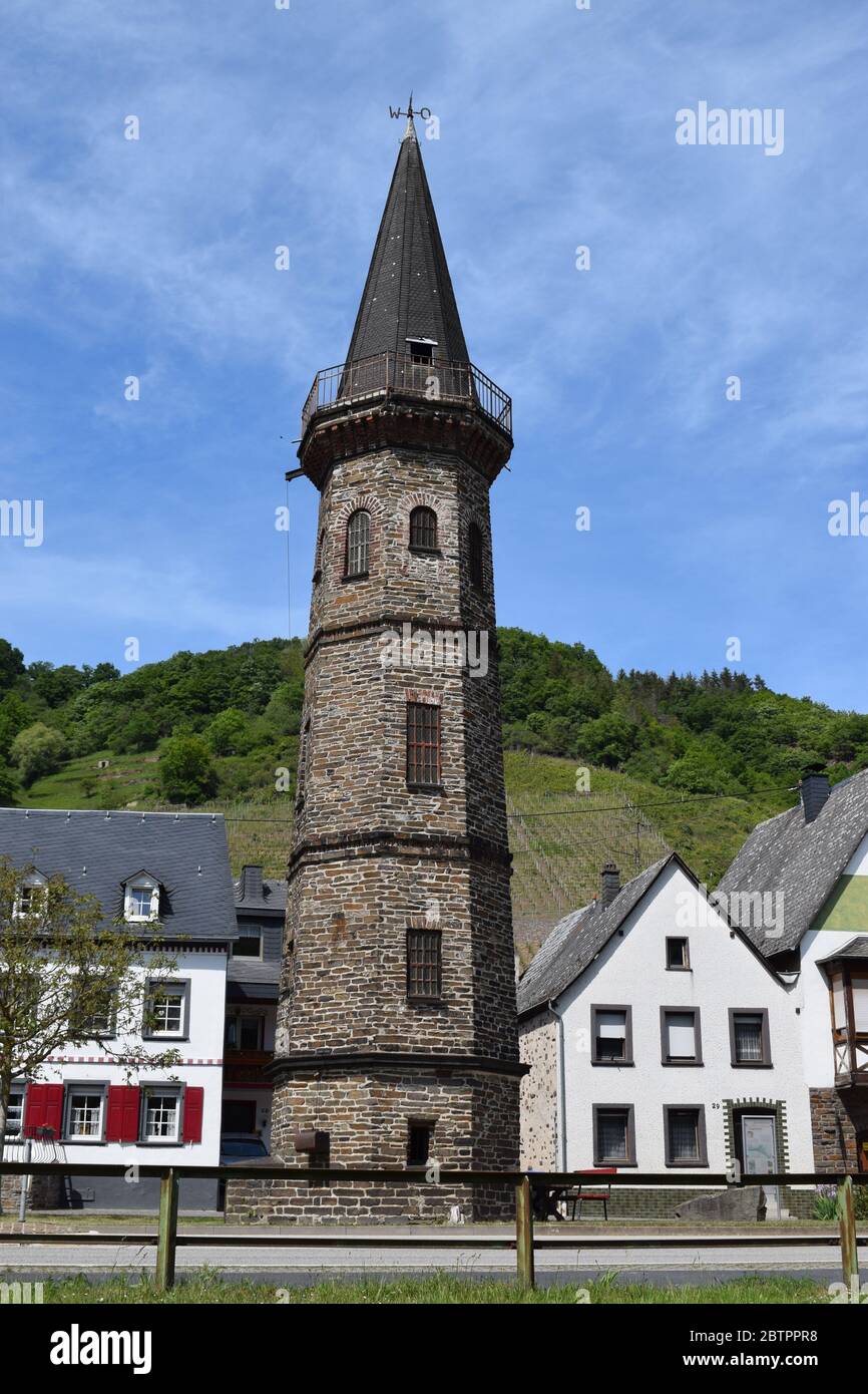 medieval ferry tower in Hatzenport, Mosel valley in Germany Stock Photo ...