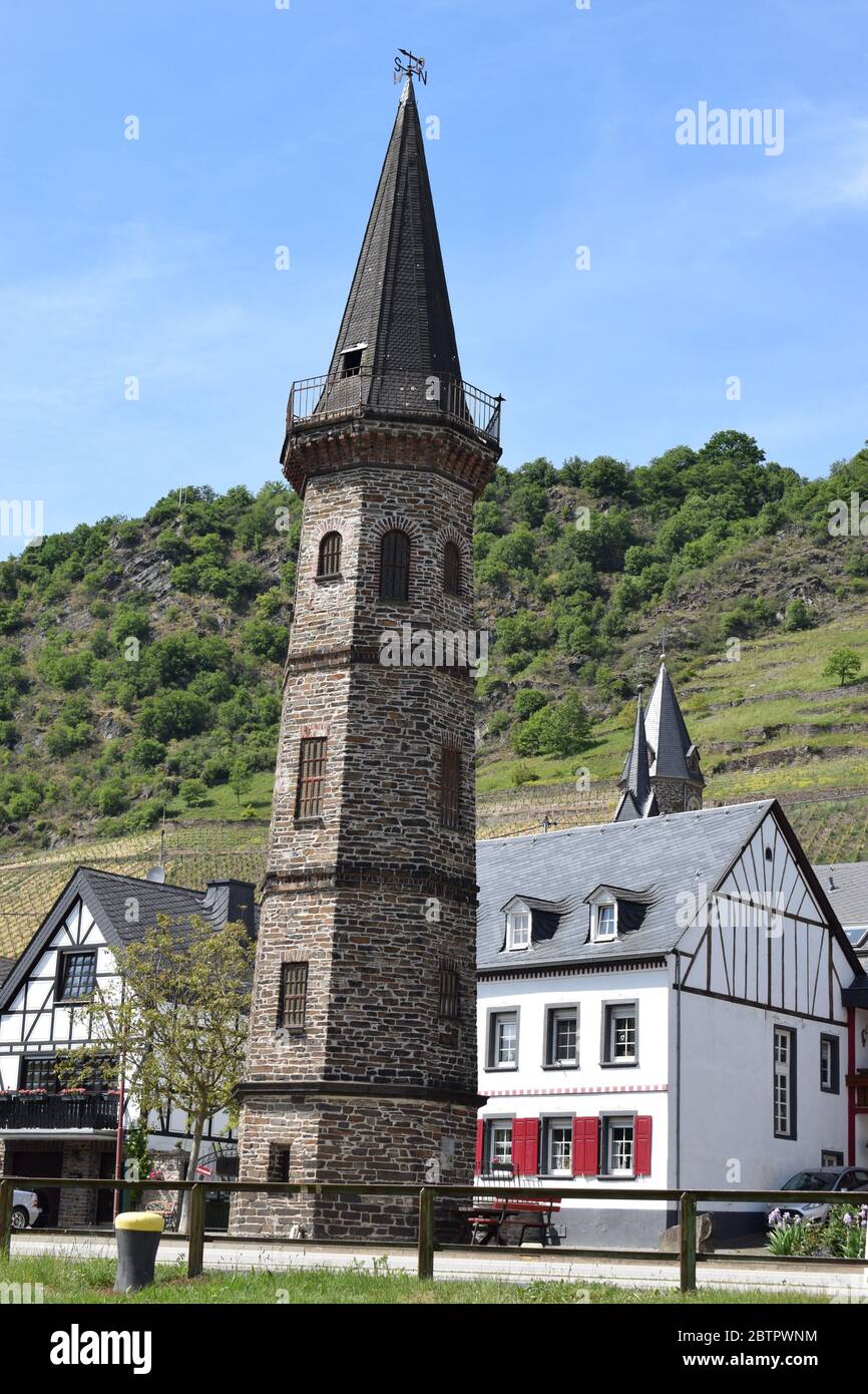 medieval ferry tower in Hatzenport, Mosel valley in Germany Stock Photo ...