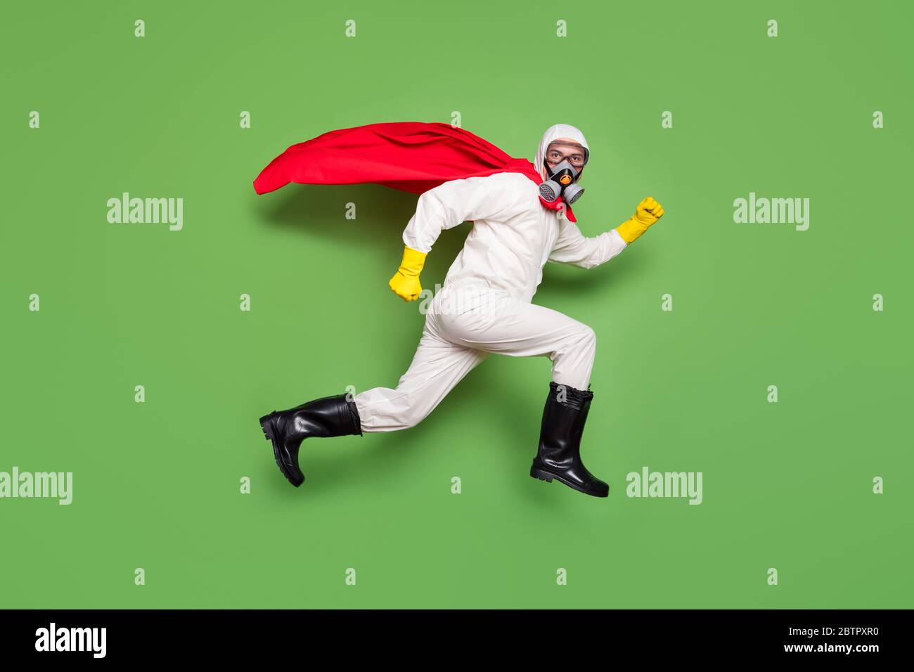 Full size profile side photo of brave strong power man jump up run stop ...