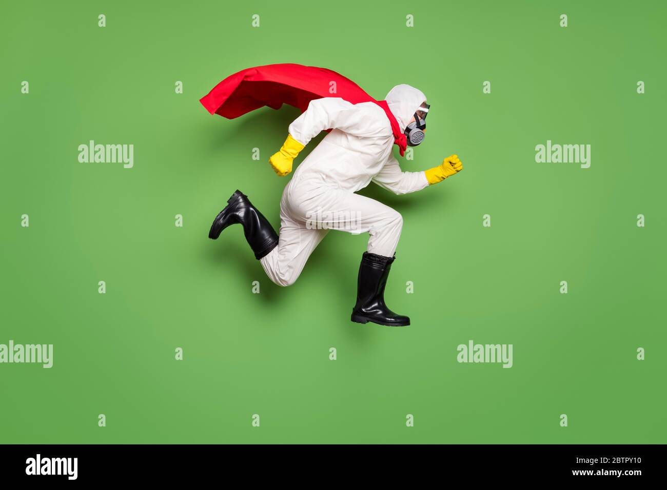 Full size profile side photo courage strong power man jump up run stop ...