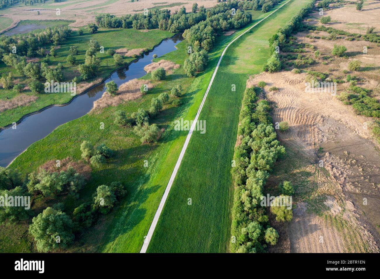 Aerial view of a dike on the Danube and its floodplain in Kopacki rit ...